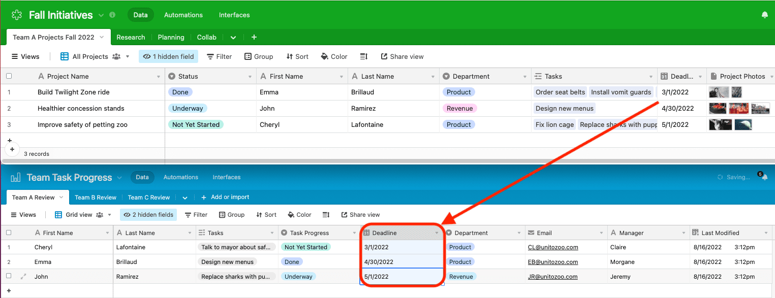 Two Airtable Bases Synced With Unito The Red Lines Highlight One Of Several Fields Synced